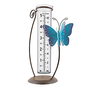 La Crosse 704-71077-INT 5 inch Capacity Glass Blue Butterfly Rain Gauge