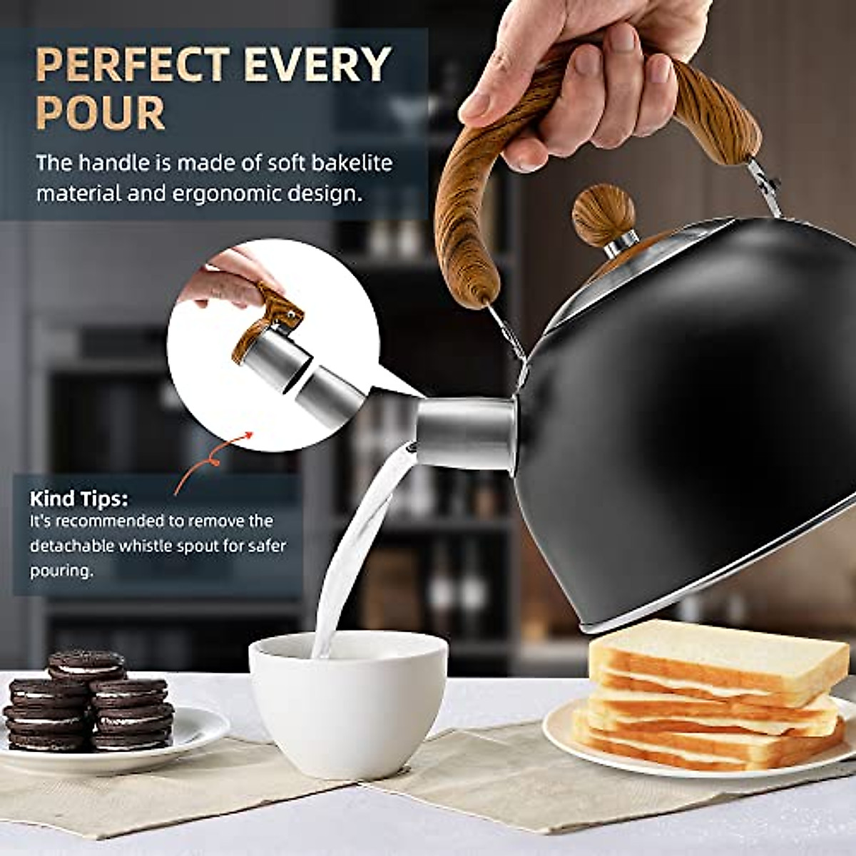 Tea Kettle Stovetop - HIHUOS 2.6QT Whistling Teapot with Removable Spout - Stainless Steel Tea Pots for Stove Top, 3-ply Composite Base, Fast Boiling Teakettle Work for All Heat Sources (Black)
