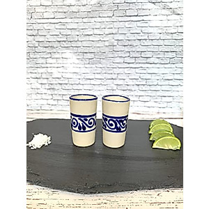 Casa Fiesta Designs Mexican Shot Glasses, Tequilero Mexicano - Hand-painted in Mexico - Great for Tequila, Mezcal and Sangrita, 2 oz set of 2 - Tequilero Colonial White Flores Entre Lineas
