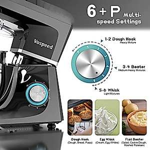 Vospeed Stand Mixer, 7 QT 660W 6+P Speed Tilt-Head Kitchen Mixer, with Stainless Steel Mixing Bowl, Beater, Dough Hook, Whisk, for Household (Black)