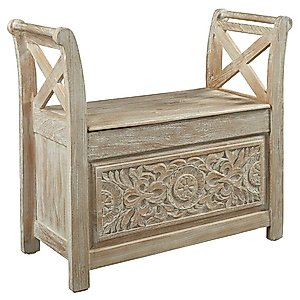 Signature Design by Ashley Fossil Ridge Boho Storage Accent Bench, Vintage White