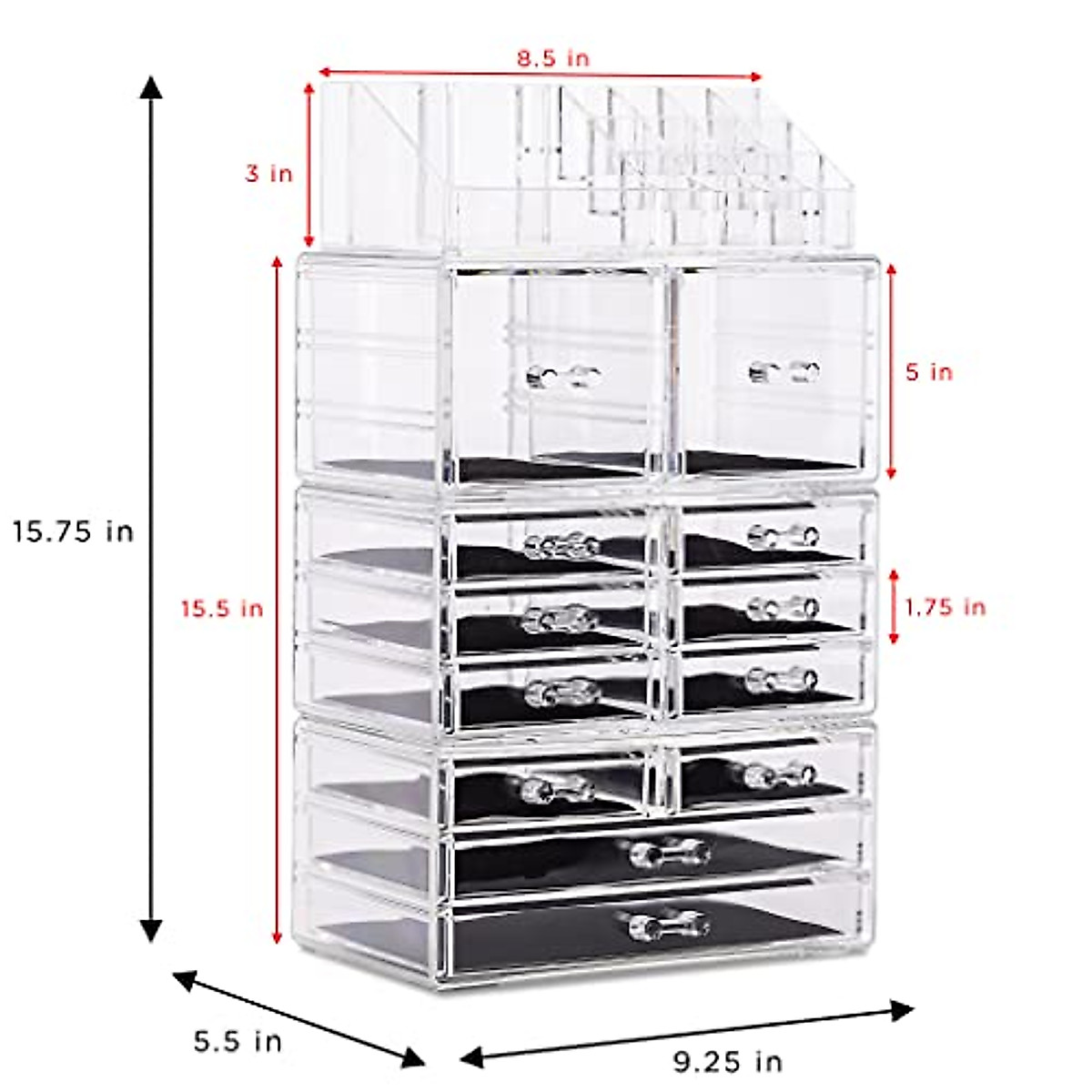 Sorbus Large Clear Makeup Organizer - Detachable Spacious Cosmetic Display Tower - Jewelry & Make Up Organizers & Storage Case - Acrylic Makeup Organizer for Vanity, Bathroom, Dresser & Countertop