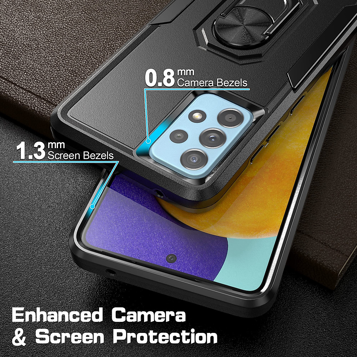 SUEJIA Galaxy A52 5G Case with Tempered Glass Screen Protector, Hybrid Slim Fit Durable Shockproof Protective Case Magnetic Ring Car Mount Kickstand for Samsung Galaxy A52 5G,Black