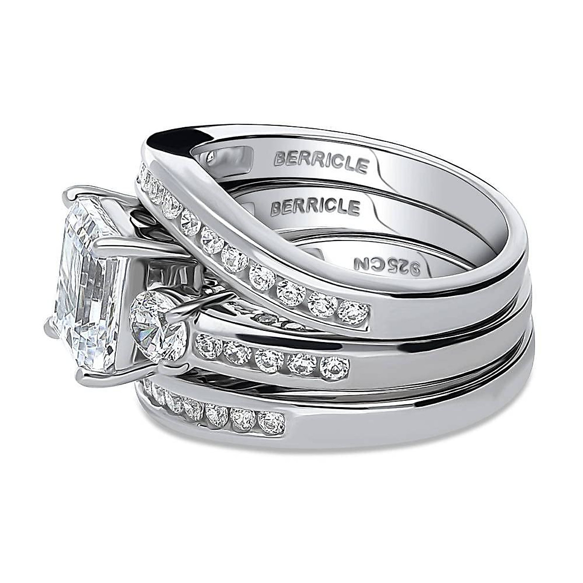 BERRICLE Sterling Silver 3-Stone Wedding Engagement Rings Emerald Cut Cubic Zirconia CZ Ring Set for Women, Rhodium Plated Size 7.5