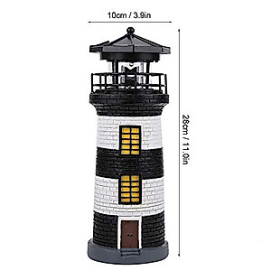 LED Solar Power Lighthouse Statue Outdoor Decor Rotating Outdoor Light Garden Yard Lawn Craft Ornament(Black+White)