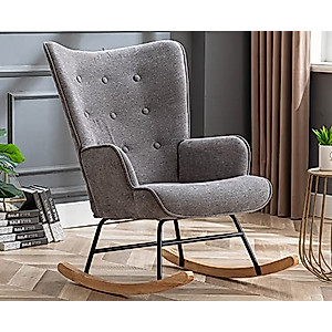 VESCASA Linen Rocking Chair with Tufted Wingback，23.5" Wide Midcentury Modern Indoor Glider Rocker with Arms for Nursery/Reading/Living Room/Bedroom, Grey