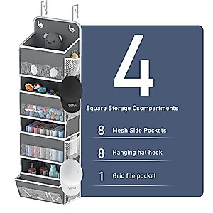 LONGD Over Door Organizer, Nursery Closet Cabinet Baby Storage, Over the Door Hat Rack, 4 Pockets and 1 Grid File Pockets Hanging Storage Boxes,45 lbs. Weight Capacity, 1-Pack