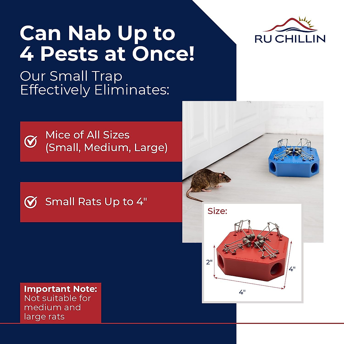 RU CHILLIN Multi Catch Mice Traps | 4-in-1 | Mouse Traps for Home Indoor & Outdoor | Small Rat Traps That Work | Reusable Rodent Traps | Trampas para Ratones | Pet and Child Friendly (Black)