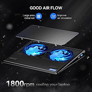 TECKNET Laptop Cooling Pad, 12"-15.6" Laptop Cooler, Gaming Cooling Pad Stand, Wind Speed Adjustable, 2 USB Powered Fans Cooling Pad for Laptop Within 16 Inch (Blue)