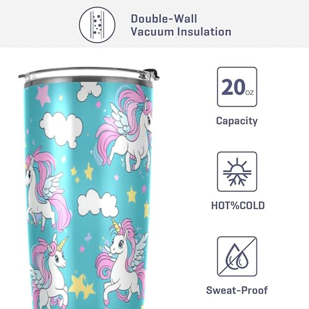 HXshaoye blue unicorns dreamy girl Stainless Steel insulated cup with Lid and Straw coffee mug for men for Home, Office or Car simply straw tumbler 20 oz termo para bebidas calientes 20oz