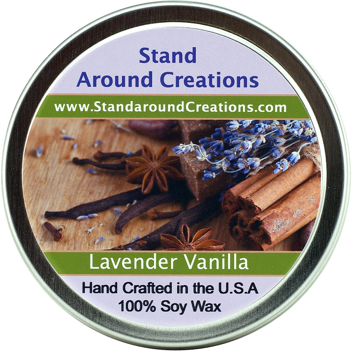 100% Soy Candle 8 oz. Tin - Lavender Vanilla- Herbal Lavender w/Calming Vanilla. Made w/Natural Essential Oils, Including Lavender