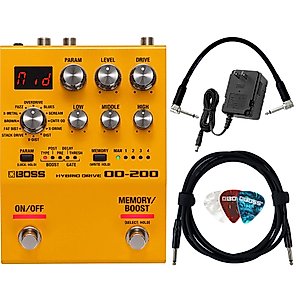 Boss OD-200 Hybrid Drive Bundle with Power Supply, Instrument Cable, Patch Cable, and Picks