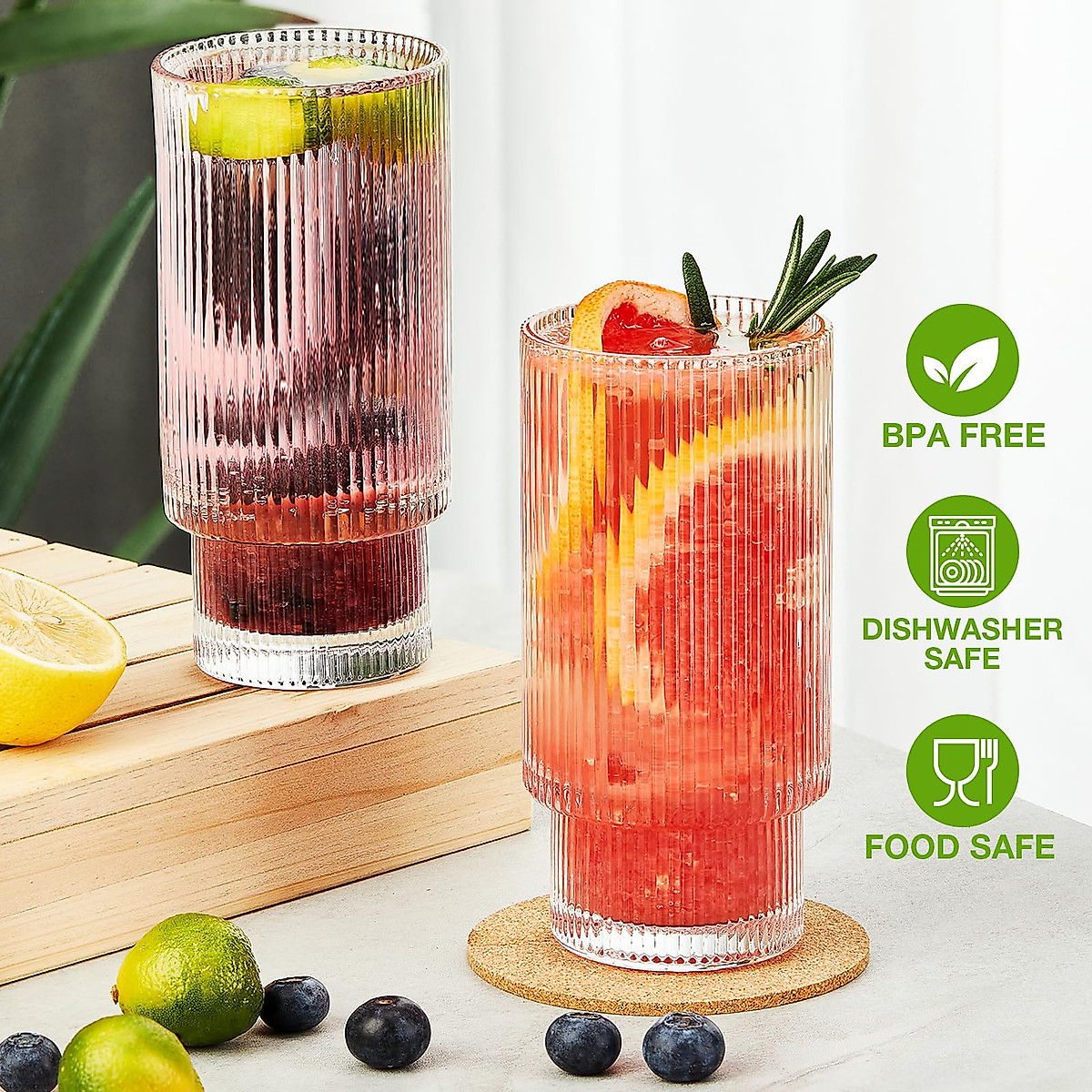 Qipecedm 6 Pack Ribbed Drinking Glasses, 16 oz Vintage Glass Cups, Highball Glasses, Premium Iced Coffee Glasses, Clear Glass Tumbler, Cocktail Glasses, Elegant Glassware for Water Juice Whiskey Beer