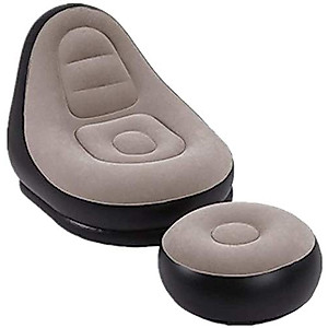 2-IN-1 Grey/Black Lounge Sofa Bed Set, Folding Portable Inflatable Lazy Flocking Recliner Chair with Footstool and Air Pump - Great for Pop Up Indoor and Outdoor Balcony, Backyard, Camping, Picnic, RV