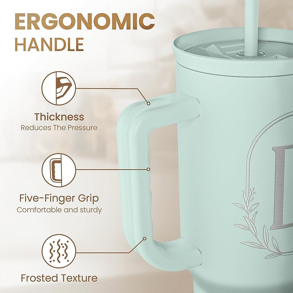 Personalized Monogrammed Tumbler with Handle 40oz, Letter D Tumblers Insulated Coffee Travel Cup, Custom Initial Gift for Women Girls Friends, Monogram Gift for Christmas Birthday Mothers Day