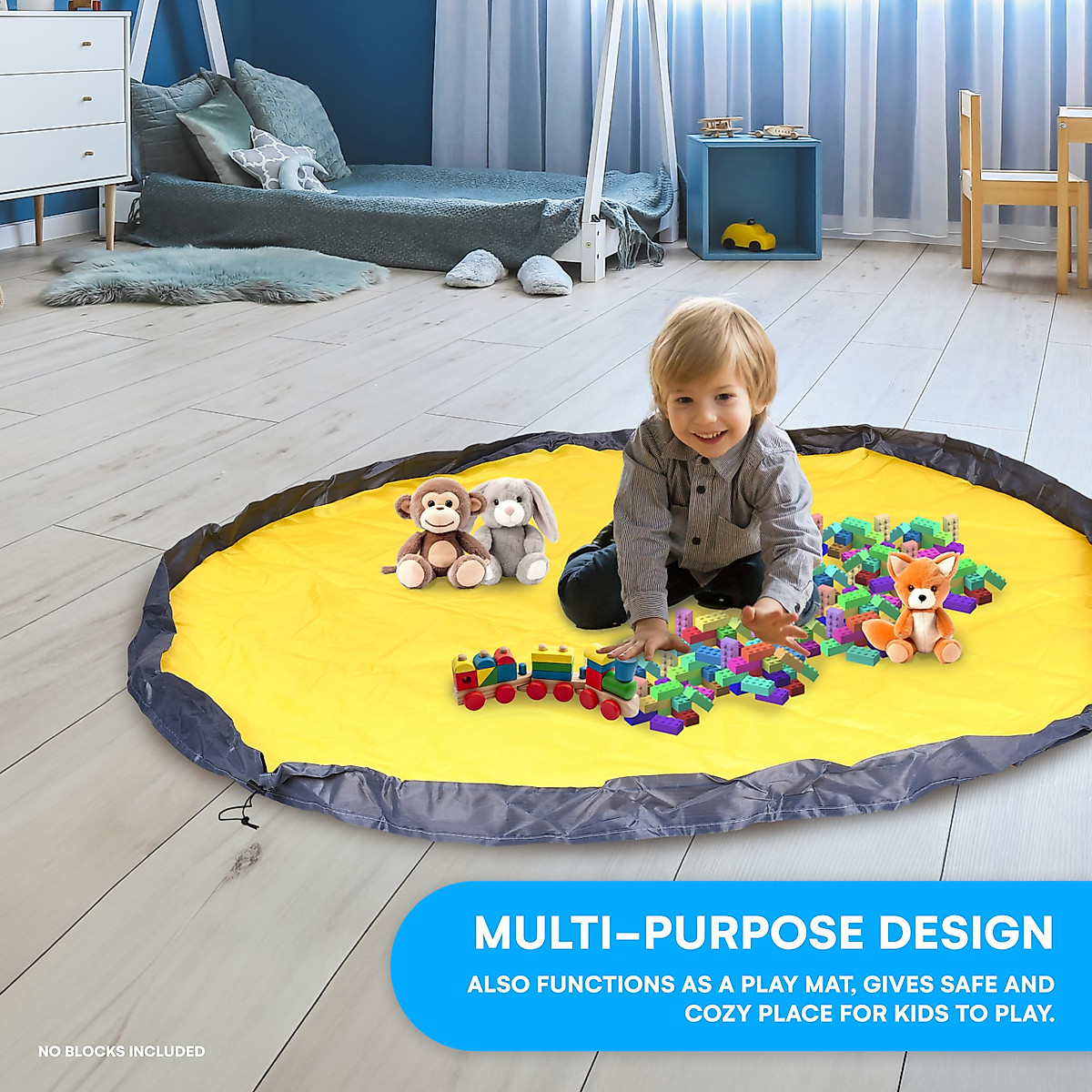 JTJ Sourcing Toy Storage Basket and Play mat - Lego Storage Bag with Drawstring Closure for Fast Cleanup of Building Bricks Small Toys - Swoop Bag - Durable Nylon - Blue