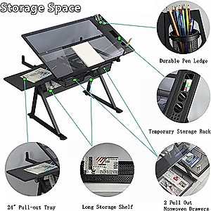 Drafting Printing Table with Chair & Storage Drawer,Tempered Glass Professhional, Adjustable Extended & Storage Cabinet, for Office School, Black