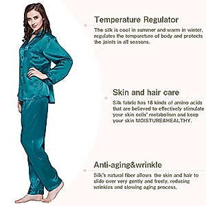 LilySilk Silk Pajamas for Women 100% Mulberry Silk 22 Momme Pajama Set Long Sleeve Button Down Sleepwear & Wide Trouser-Leg Pants Navy Blue M