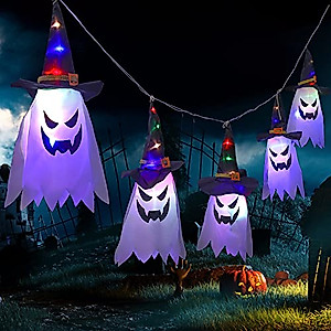 BVPKTO Halloween Decorations, 5-Pack LED Lantern String Lights, Wizard Hat Ghost Hanging Lights, Spooky Atmosphere Halloween Party Decorations for Indoor Porches or Patio Gardens (Ghost)
