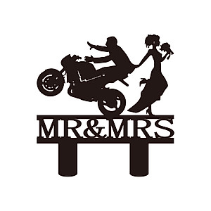 Motorcycle Wedding Cake Topper,Funny Mr & Mrs, Bride and Groom Wedding Party Decoration — Black（2）