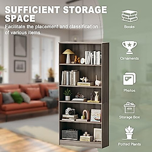 VICLLAX 5-Shelf Wood Bookcase, Wide Adjustable Open Bookshelf, Tall Display Storage Shelf for Living Room, Bedroom, Kids Room, Office, Grey