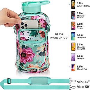 Fimibuke Half Gallon Water Bottle with Sleeve 64 OZ Water Bottle with Handle & Straw Leakproof Motivational Sports Gym Water Bottle with Time Marker Water Jug with Neoprene Holder - Floral Bloom