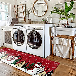 Miaklek Christmas Kitchen Rugs Set of 2 Anti Fatigue Mats for Kitchen Floor Cushioned Kitchen Rugs and Mats Non Slip Kitchen Runner Comfort Standing Mat, Cute Snowman Xmas Tree Winter Snowflake Red