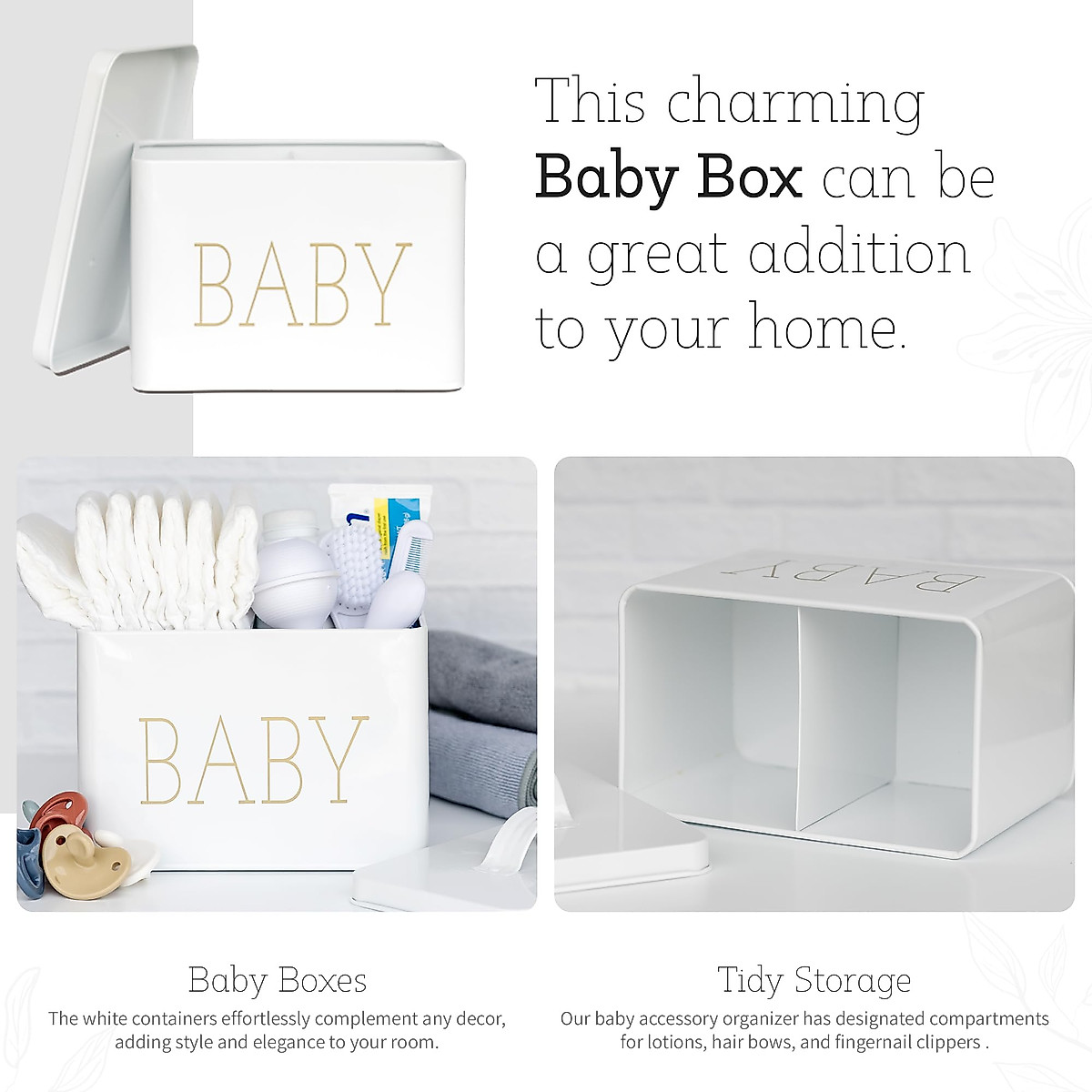 Lola Creates Baby Storage Organizer - Diaper Caddy for Lotions, Hair Essentials - White Baby Closet Organizer with Removable Lid - Metal Nursery Organization Box - Cute Baby Room Organizer for New Mom