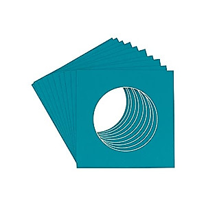 13x13 Mat Bevel Cut for 9x9 Photos - Precut Teal Blue Circle Shaped Photo Mat Board Opening - Acid Free Matte to Protect Your Pictures - Bevel Cut for Family Photos, Pack of 25 Matboards Show Kits