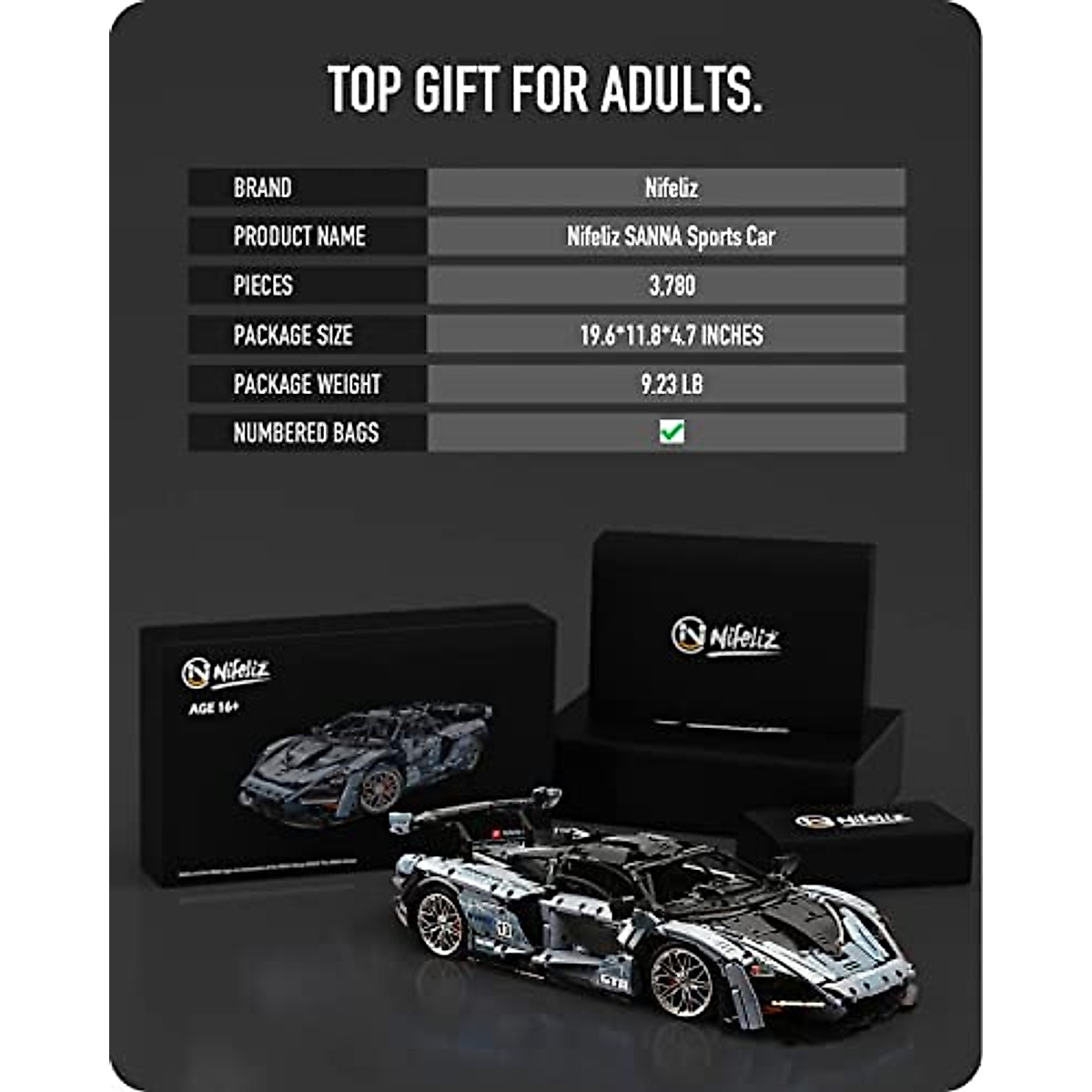 Nifeliz Sanna GTR Building Set, 1:8 Scale Sports Car Toy Model Building Kit, MOC Racing Building Blocks for Teens and Adults(3,780 Pieces)