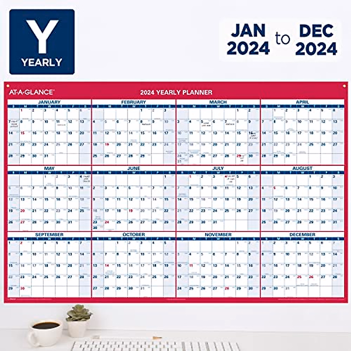 AT-A-GLANCE 2024 Monthly Erasable Calendar, Dry Erase Wall Planner, 48" x 32", Extra Large, Vertical/Horizontal, Reversible (PM3262824)