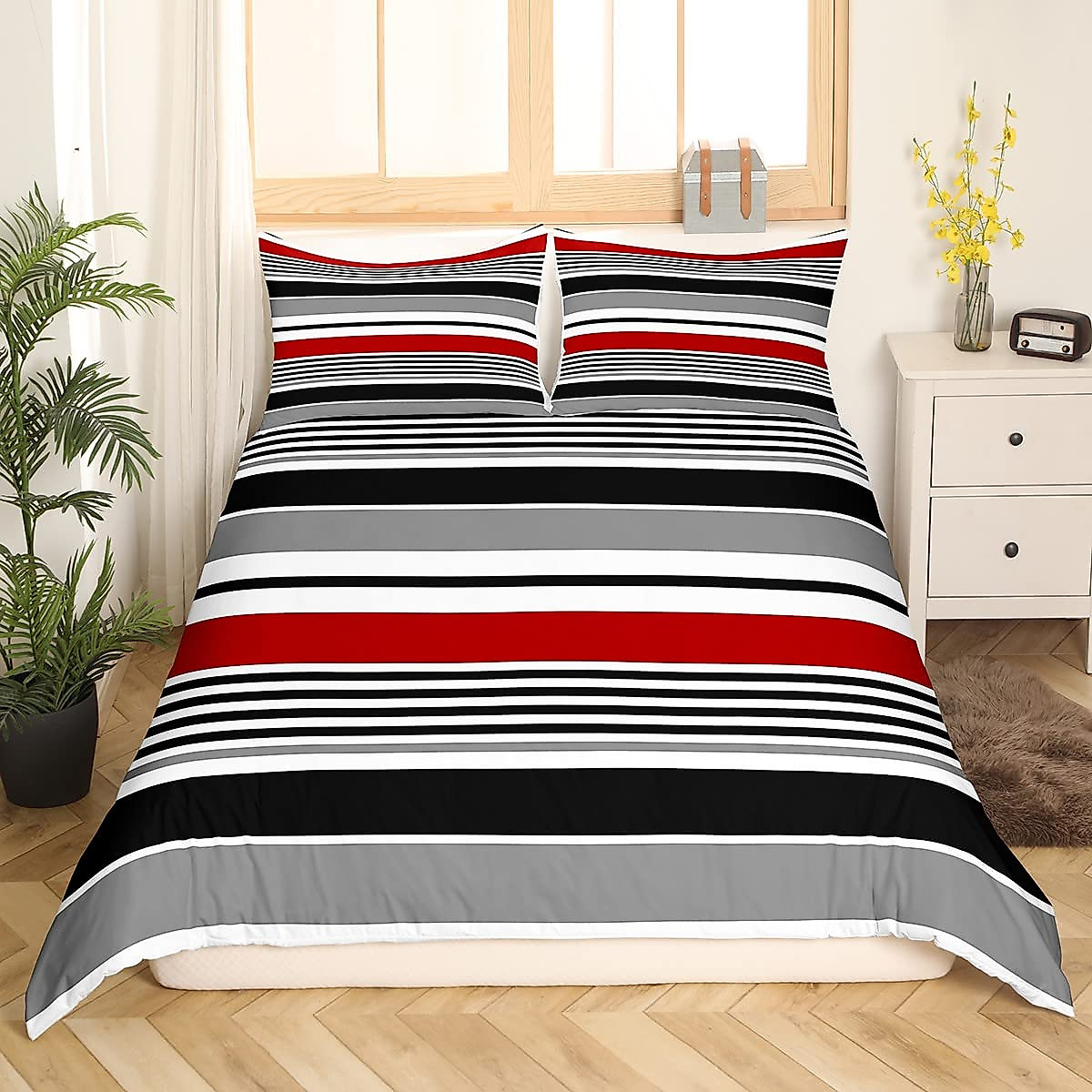 Modern Stripes Bedding Set Twin Size for Kids Boys Bedroom,Red Black Gray Bed Duvet Cover Set,Lines Art Comforter Cover Simplicity Decor 2 Pieces 1 Duvet Cover with 1 Pillowcase No Comforter