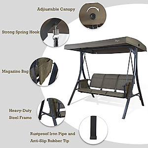 Kozyard Brenda 3-Seat Patio Swing Chair, Outdoor Porch Swing Glider with Adjustable Canopy, Side Pouches, Breathable Seat and Back, for Garden, Poolside, Backyard (Taupe)