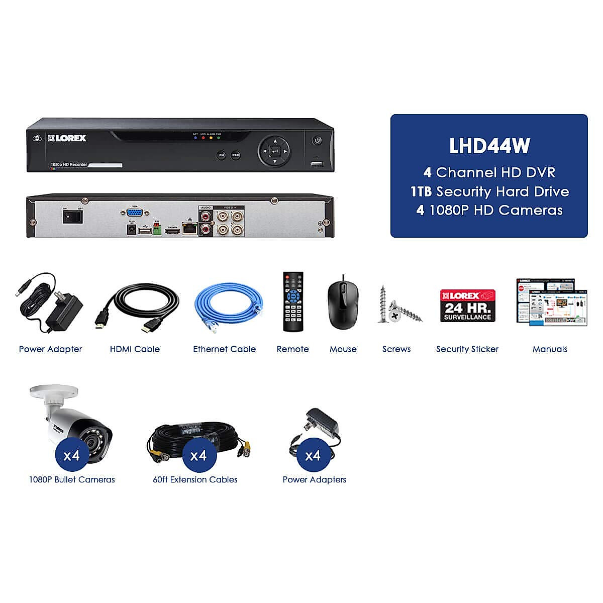 Lorex 4 Camera MPX Wired Home Security Camera System with Flir 4 Channel 1TB DVR and (4) Full HD 1080p Lorex MPX Bullet Camera, 130ft Night Vision, Remote View with Flir Cloud App