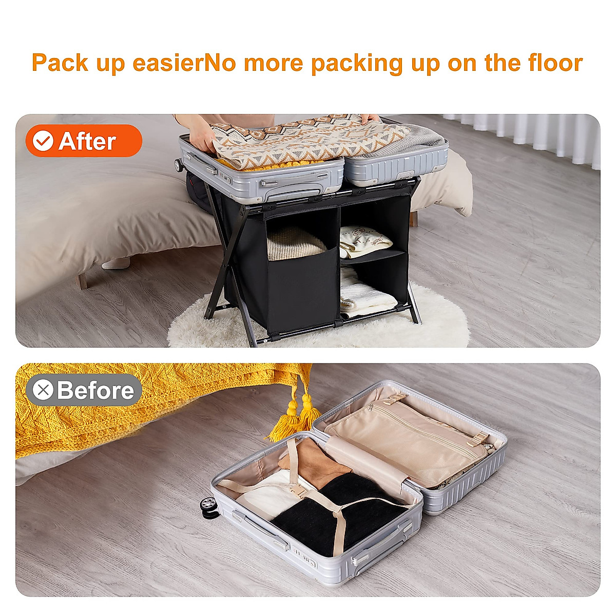 Heybly Luggage Rack with Laundry Bag,Steel Folding Suitcase Stand for Bedroom, Hotel, Foldable Steel Frame, Guest Room Bedroom Hote, 23.62" L x 15.57" W x 24.21" H, Black,HLR006B1