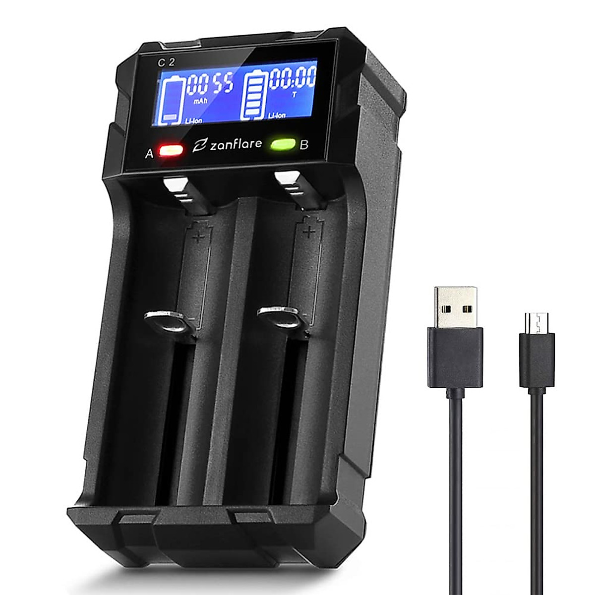 Universal Battery Charger 18650 Charger, Zanflare C2 Smart Charger LCD Display Quick Charge for Rechargeable Batteries Ni-MH Ni-Cd AA AAA SC, Li-ion 18650 26650 26500 22650 18490 17670,USB 5V 2A