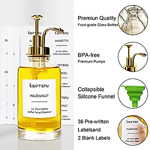 GiftsFU Coffee Syrup Dispenser for Coffee Bar, 4 Pack Coffee Pump Dispenser, Transparent Glass Syrup Dispenser with Pumps and Labels, 16.9 oz 500ml Coffee Syrup Bottles, Gold and Silver