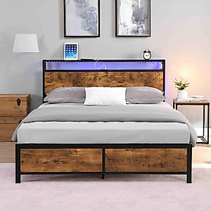 RIDFY Queen Bed Frame with LED Lights and 2 USB Ports, Industrial Platform Bed Frame with 2-Tier Storage Headboard, Heavy Duty Camas/Noise Free/No Box Spring Needed/Brown (86.6x60)