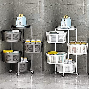 Kitchen Rotating Storage Rack Metal Multi-Layer Stackable Storage Basket Cart Floor-Standing Layered Shelf Fruit Vegetable Snack Storage Bin with Wheels for Kitchen, Bedroom, Bathroom (White, 4-Tier)