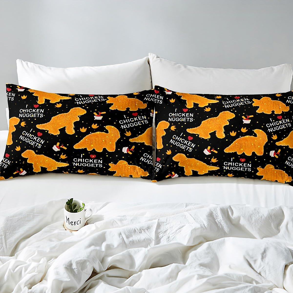 Chicken Nuggets Fitted Sheet Queen Size Kids Cute Dino Bedding Set for Boys Teens Dinosaur Bed Sheet Set Fried Food Print Bed Cover Room Decor