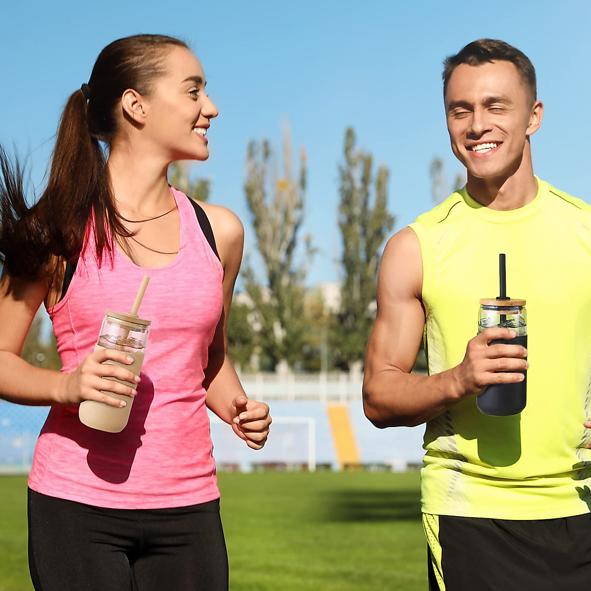 20oz Glass Water Tumbler with Silicone Protective Sleeve - Beer Can Glass Cups with Straw and Bamboo Lid, Iced Coffee Glasses, Cute Drinking Glasses for, Water Smoothie, Boba Tea, Gift - Black