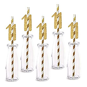 11th Birthday Paper Straw Decor, 24-Pack Real Gold Glitter Cut-Out Numbers Happy 11 Years Party Decorative Straws