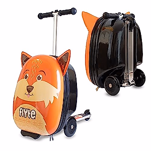 FLYTE Scooter Suitcase Folding Kids Luggage – Frazer the Fox, 18 Inch Hardshell, Ride On with Wheels, 2-in-1, 25 Litre Capacity