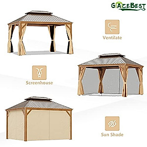 GAZEBEST 10' X 12' Permanent Hardtop Gazebo, Outdoor Galvanized Steel Double Roof Pavilion Canopy with Wood-Grain Coated Aluminum Frame and Privacy Curtains for Garden Patio,Backyard,Deck and Lawns