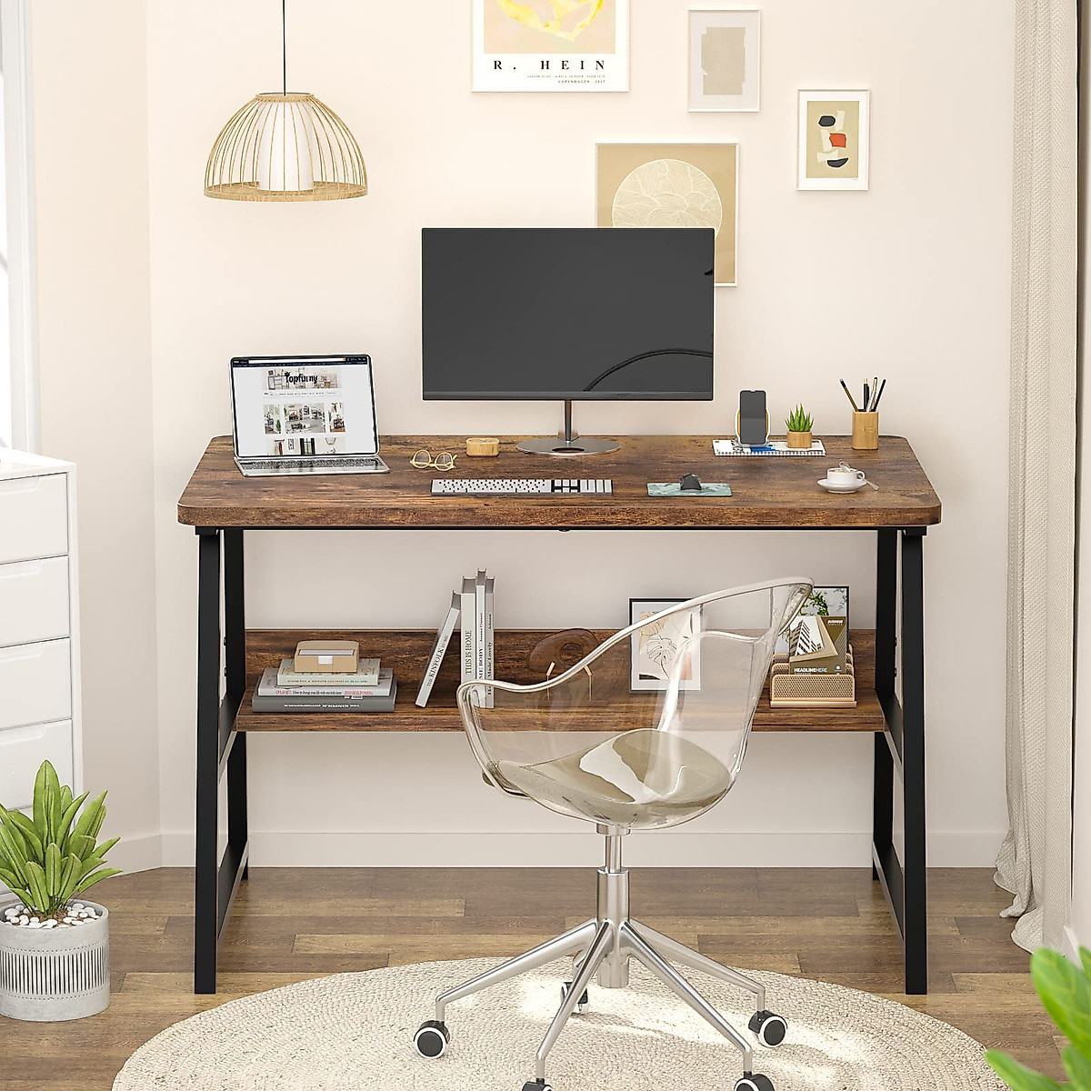 Topfurny Computer Desk 32 Inch Modern Sturdy Writing Desk with Bookshelf Study Table Desk with Metal Legs Industrial Table for Home Office for Small Space, Rustic Brown