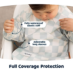 Tiny Twinkle Mess Proof Baby Bib, Cute Full Sleeve Bib Outfit, Waterproof Bibs for Toddlers, Machine Washable, Tug Proof, Baby Smock for Eating, Long Sleeved (Checkers Sage, Small 6-24 Months)