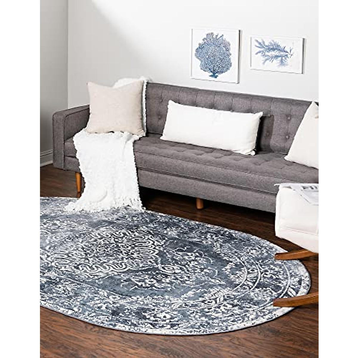 Unique Loom Oxford Collection Area Rug - Bodleian (8' x 10' Oval, Blue/ Ivory)