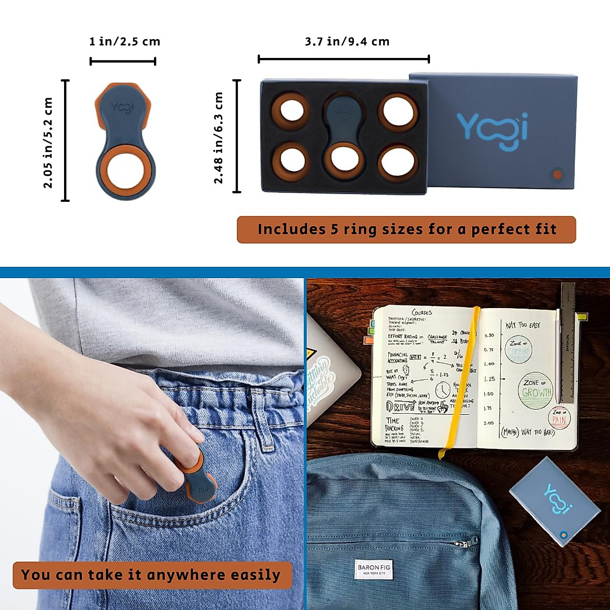 Yogi Fidget Toy - Patented Fidget Spinner Design, Desk Toy for Office, Anxiety Relief, ADHD Toy, Autism, Quiet Fidget Toys for Adults & Kids, Five Ring Sizes, Easy to Use Sensory Toy - Supernova