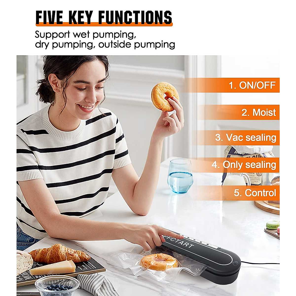 Vacuum Sealer, 8 in 1 efficacy food vacuum sealer machine, Machine with Starter Kits, food saver vacuum sealer machine, 10 bags sealed vacuum bags, pulse function, external cutter, support wet & dry