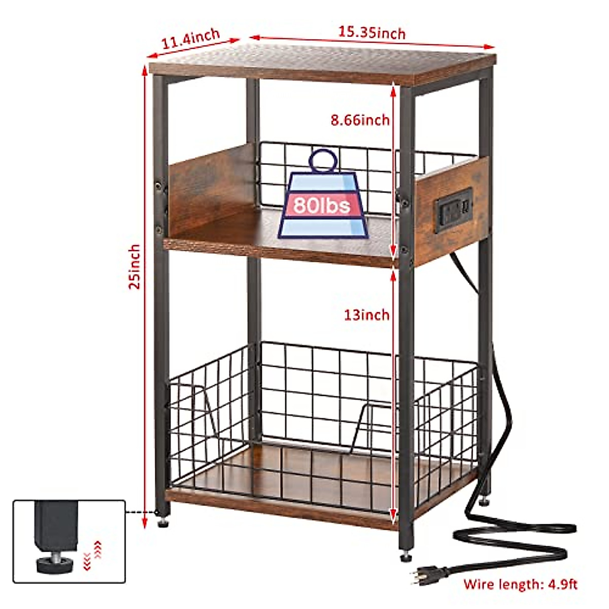 X-cosrack Record Player Stand with Vinyl Record Storage, 3 Tier Side Table with Charging Station & USB Ports, Retro End Table for Living Room Bedroom, Sturdy Wood and Metal Frame, Brown & Black